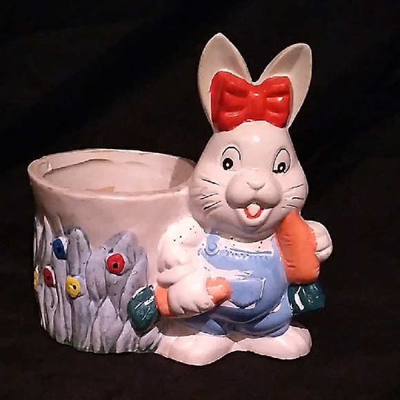 Accents | Vintage Ceramic Bunny Planter With Red Bow | Poshmark